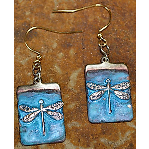 Elaine Coyne Wearable Art Verdigris Patina Solid Brass Dragonfly on Rectangle Dangle Earrings