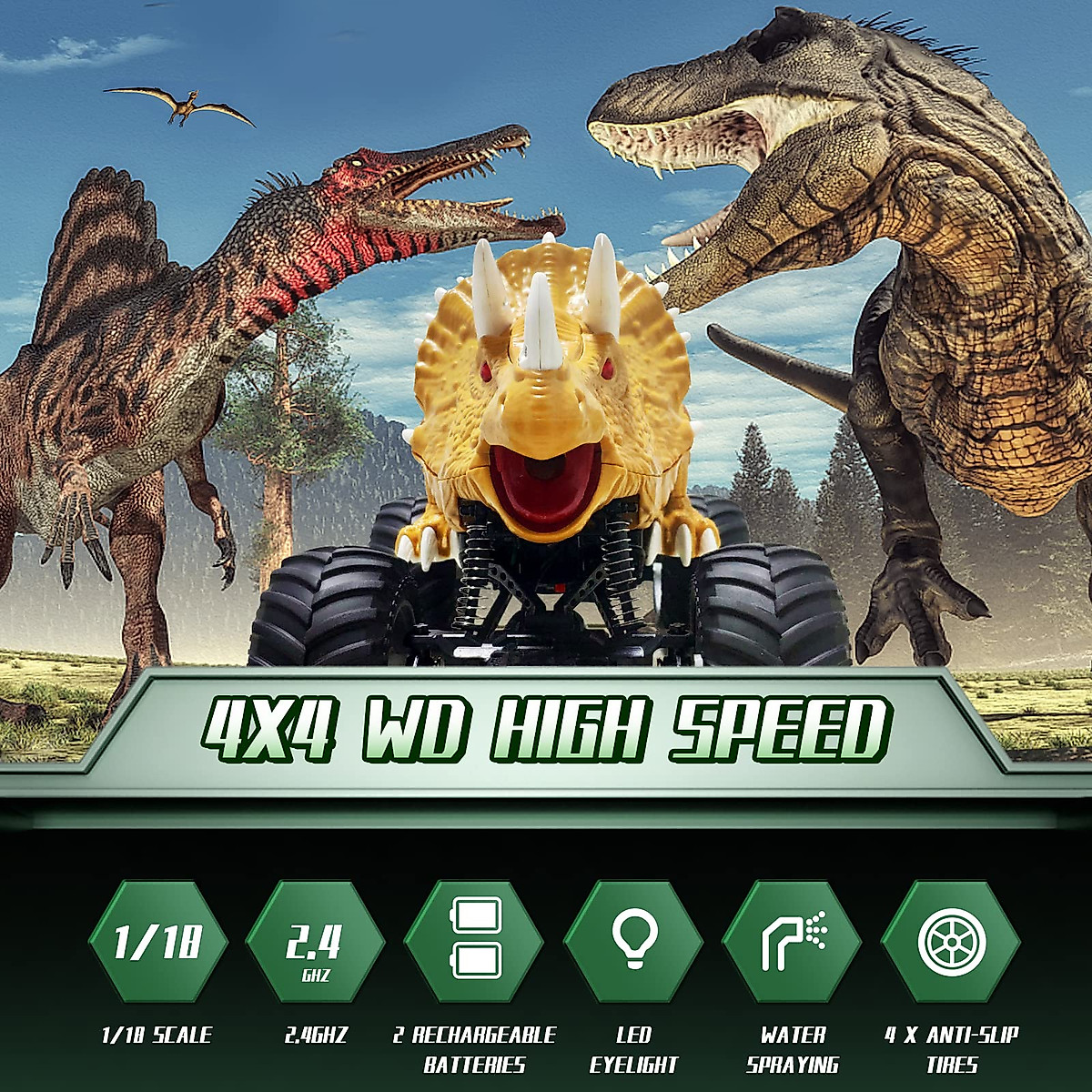 Pamopamo RC Monster RC Cars 1:18 Triceratops Dinosaur Racing Car Remote Control Car with Music,Led Lights,Spray Mist,Roaring Sound,4WD 2.4 GHz RC Monster Truck for Boys Girls Christmas