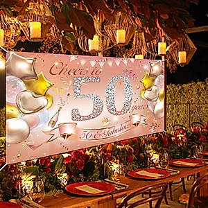 HOWAF Woman 50th Birthday Party Decoration Rose Gold, Fabric Banner for 50th Birthday Photo Backdrop Photography Background, 50th Birthday Outdoor Garden Table Wall Decoration Supplies