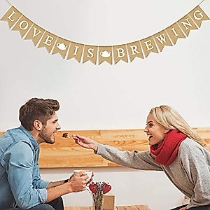 Rainlemon Jute Burlap Love is Brewing Banner Tea Coffee Themed Bridal Shower, Wedding, Engagement Party Garland Decoration