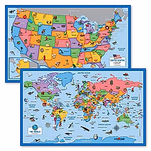2 Pack - World & USA Map for Kids [Illustrated] - 2 Poster Set (Laminated, 18" x 29")