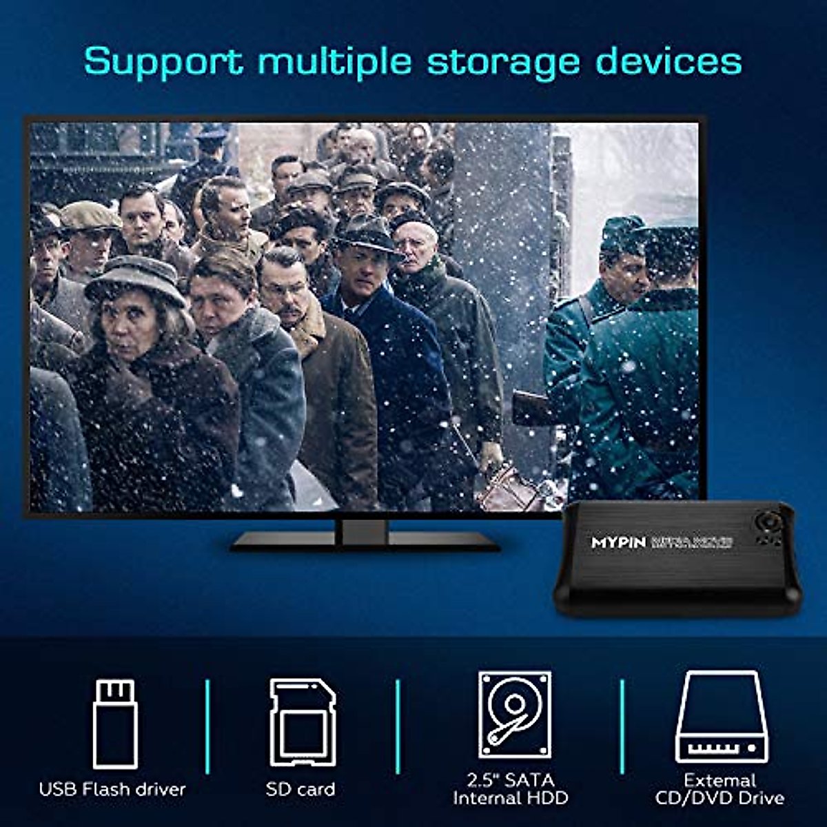 1080P USB3.0 HDMI Media Player Support 2.5" SATA HDD with HDMI/AV/Coaxial Output, Portable MP4 Player for Videos/Music/Photos from USB Drive/SD Card/Internal or External HDD