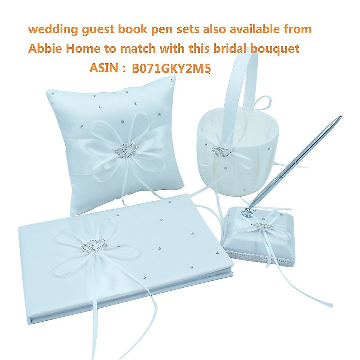 Abbie Home 8 Inches Bride Wedding Bouquet - Satin Roses with Pearls Rhinestone Brooches Accessories (Blush Pink & Creamy White)