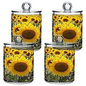 ALAZA Yellow Sunflower Stylish Floral 2 Pack Qtip Holder Dispenser 14 Oz Clear Plastic Apothecary Jar Containers Jars Bathroom for Cotton Swab, Ball, Pads, Floss, Vanity Makeup Organizer