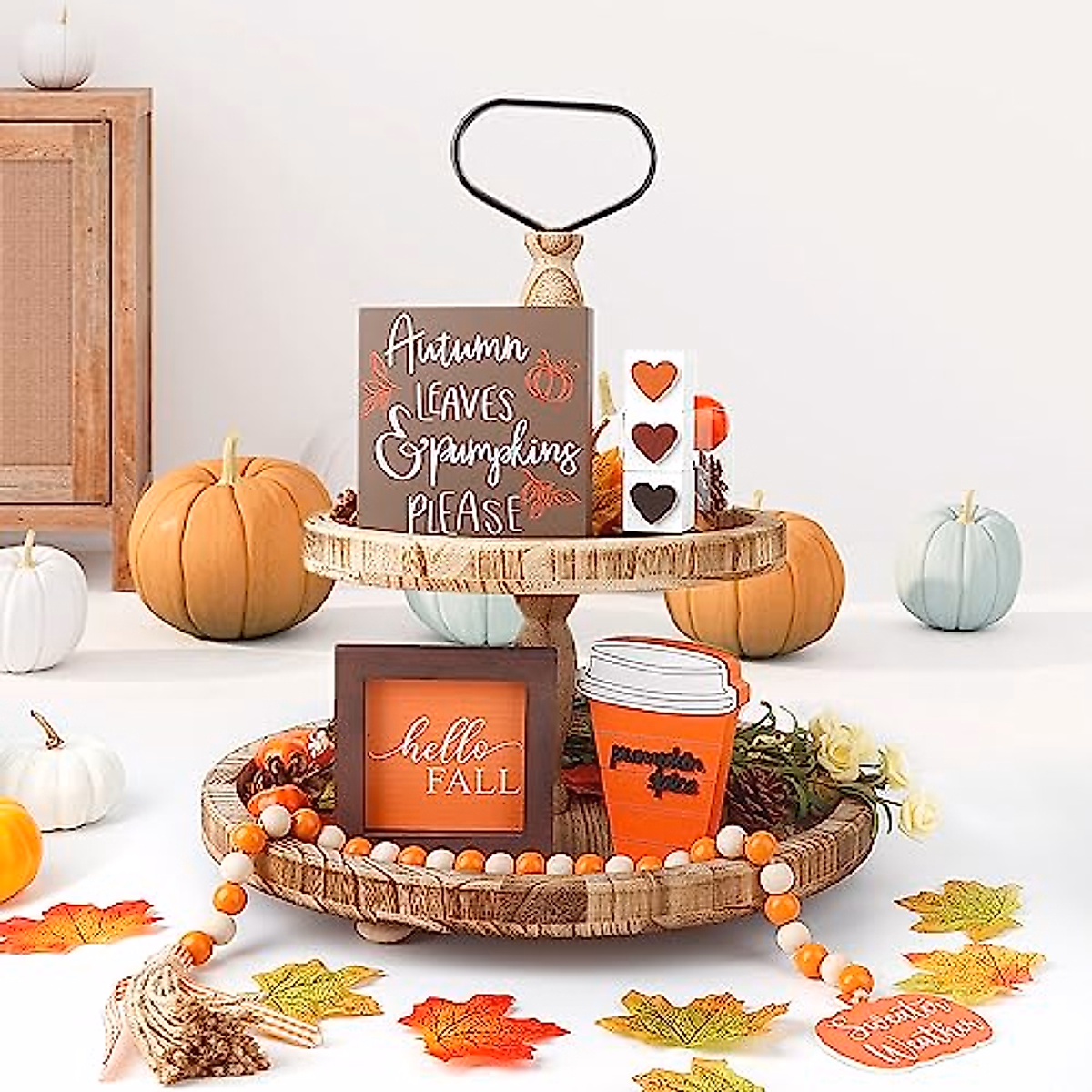 Fall Table Decor, Farmhouse Fall Home Decor Set with 3 Heart Blocks, 3 Wooden Signs and Wood Bead Garland for Tiered Tray, Shelf and Mantle - Fall Decorations for Home (Tray not Included)