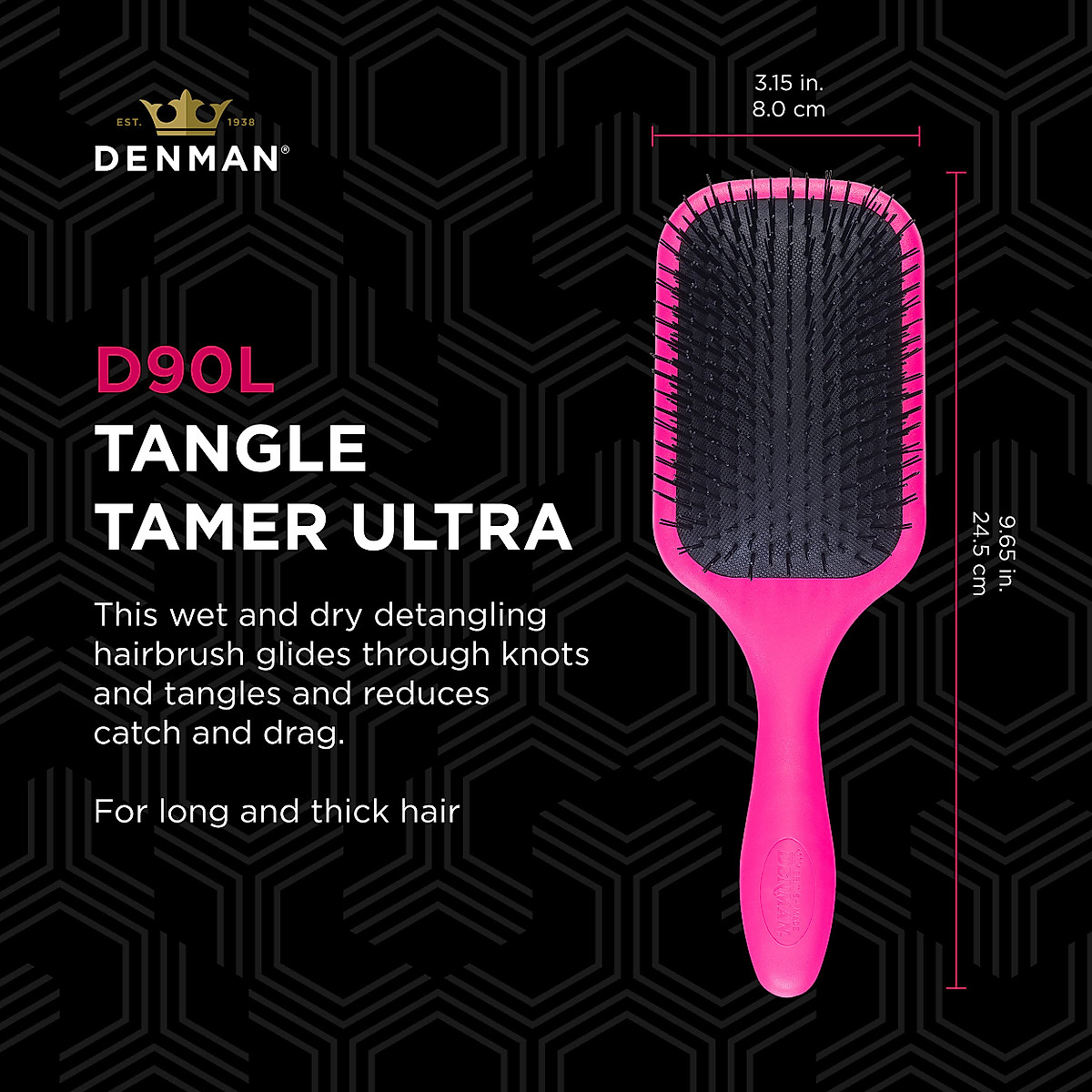 Denman Tangle Tamer Ultra (Pink) Detangling Paddle Brush For Curly Hair And Black Natural Hair - use with both Wet & Dry Hair, D90L