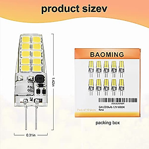 BAOMING G4 LED Bulb 12V JC Tybe, 20W/35W T3 G4 Halogen Equivalent, 6000K Daylight White, G4 Bi-Pin Base, No-Flicker 400LM, Chandelier Lighting/Landscape Lighting/Microwave Lighting (10 Pack)