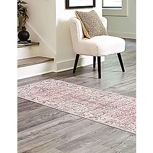 Rugs.com Nostalgia Washable Collection Rug – 2' 7 x 12' Runner Beige Pink Flatweave Perfect for Hallways, Entryways