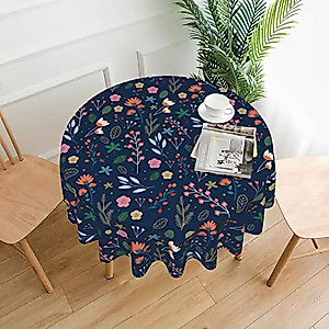 Spring Summer Floral Tablecloth Round 60 Inch Farmhouse Navy Blue Background Wildflower Round Tablecloth Polyester Washable Table Cover Table Cloth for Kitchen Dining Room Picnic Patio Party