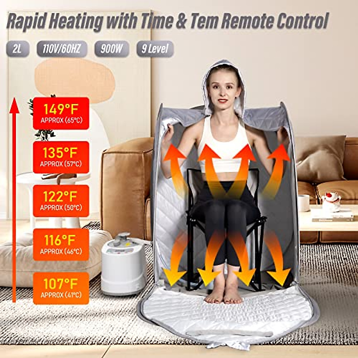 Smartmak Portable Sauna Kit, one Person Full Body at Home Spa Hat Tent, Include 2L Steamer with Remote Control for Detox US Plug- Grey
