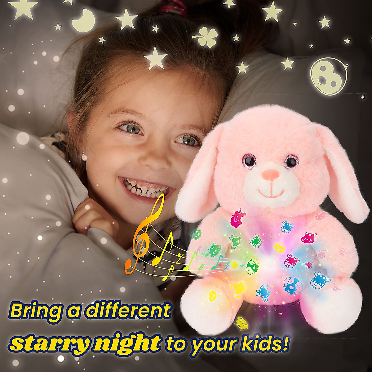 Cuteoy Plush Pink Bunny Star Projector Musical Adjustable Singing Night Light Stuffed Animals Glowing Kawaii Rabbit Plushies Toy Gifts for Kids Birthday Easter Christmas,12''