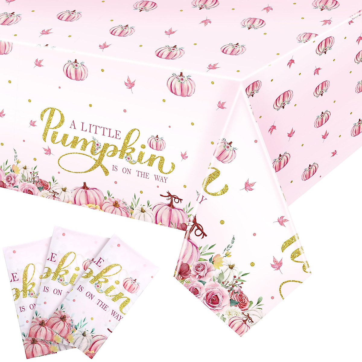 WovWeave 3 Pcs Pink Pumpkin Tablecloths Little Pumpkin Baby Shower Party Tablecloth Thanksgiving Pumpkin Plastic Tablecloth Fall Disposable Table Cover for Birthday Party Supplies Table Decorations