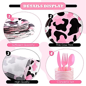 durony 210 Pieces Pink Cow Print Tableware Set Pink Cow Print Party Decorations Paper Plates Cups Napkins Knife Spoons Forks for Cowgirl, Baby Shower, Farm Birthday Party Supplies, Serve 30 Guests