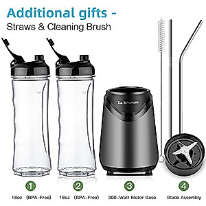 La Reveuse Smoothie Blender Personal Size 300 Watts with 2 Pieces 18 oz BPA-Free Travel Sports Bottles,Grey