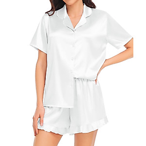 SWOMOG Women's Satin Pajamas Short Sleeve Sleepwear Soft Silk Button Down Loungewear Silky PJs Shorts Set White