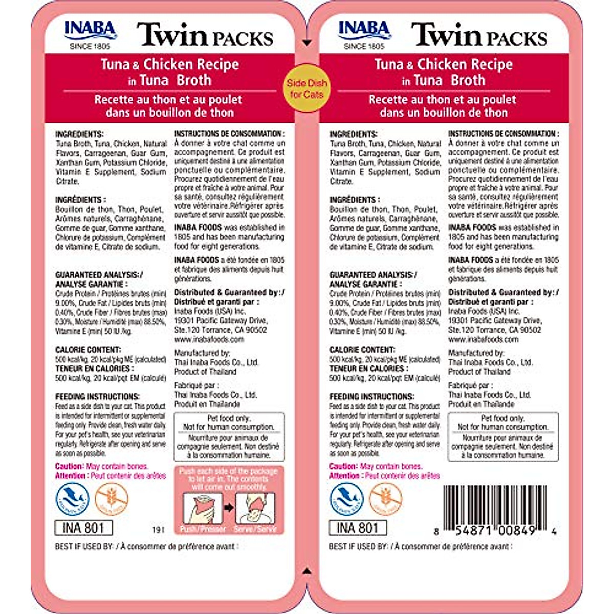 INABA Twin Packs for Cats, Grain-Free Shredded Chicken & Broth Gelée Side Dish/Topper Pouch, 1.4 Ounces per Serving, 22.4 Ounces Total (16 Servings), Tuna & Chicken Recipe in Tuna Broth