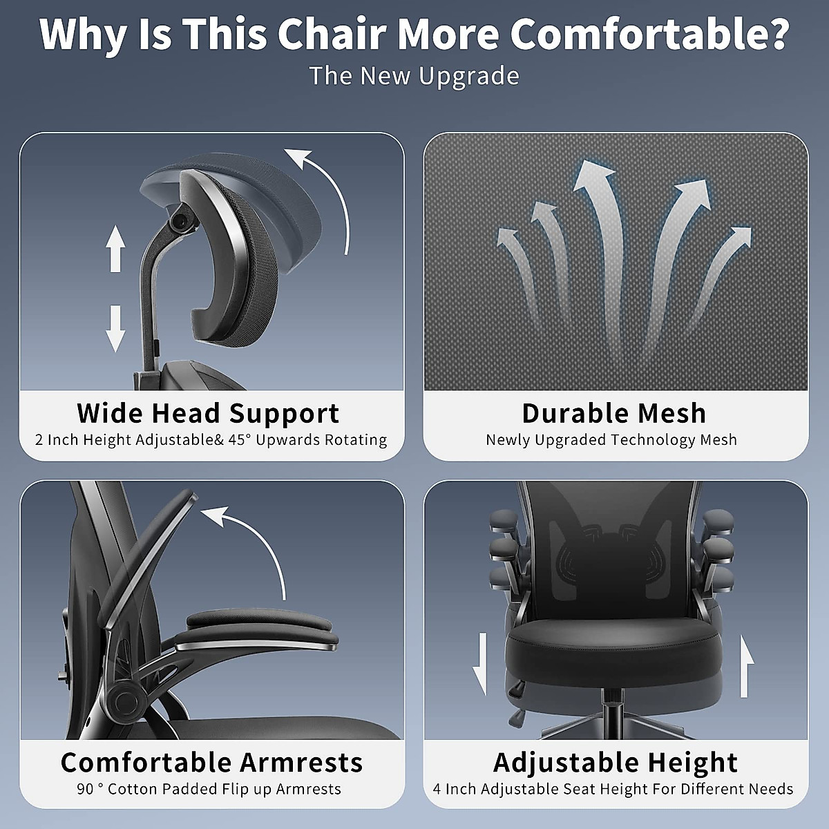 Darkecho Office Chair,Ergonomic Desk Chair with Adjustable Headrest and Lumbar Support,High Back Mesh Computer Chair with Padded Flip-up Armrests,Swivel Task Chair,Tilt Function,Black