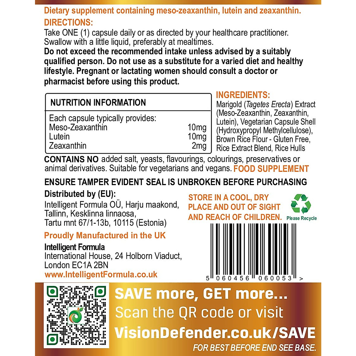 Lutein, Zeaxanthin & Meso-Zeaxanthin Eye Supplement: VISION DEFENDER MAC Vegan/Vegetarian Antioxidant Carotenoids for Eyes (90 Capsules/One-A-Day) Made in UK