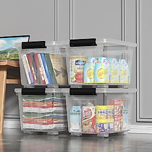 Zopnny 30 Quart Plastic Stacker Box, Large Storage Bin Container with Latching Lids and Wheels for Home and Garage Organizing, Shoes, Tools, Clear Base, 4-Pack