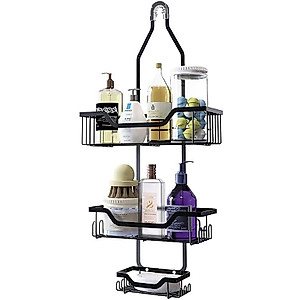 MLHpeak Shower Caddy Over Shower Head Rustproof Aluminum Large Hanging Shower Caddy with 12 Hooks for Razor/Sponge and Vacuum Suction Cups - Over The Shower Head Caddy with Soap Basket (Matte Black)