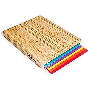 Easy-to-Clean Bamboo Wood Cutting Board Set with 6 Color-Coded Flexible Cutting Mats with Food Icons - Chopping Board Set