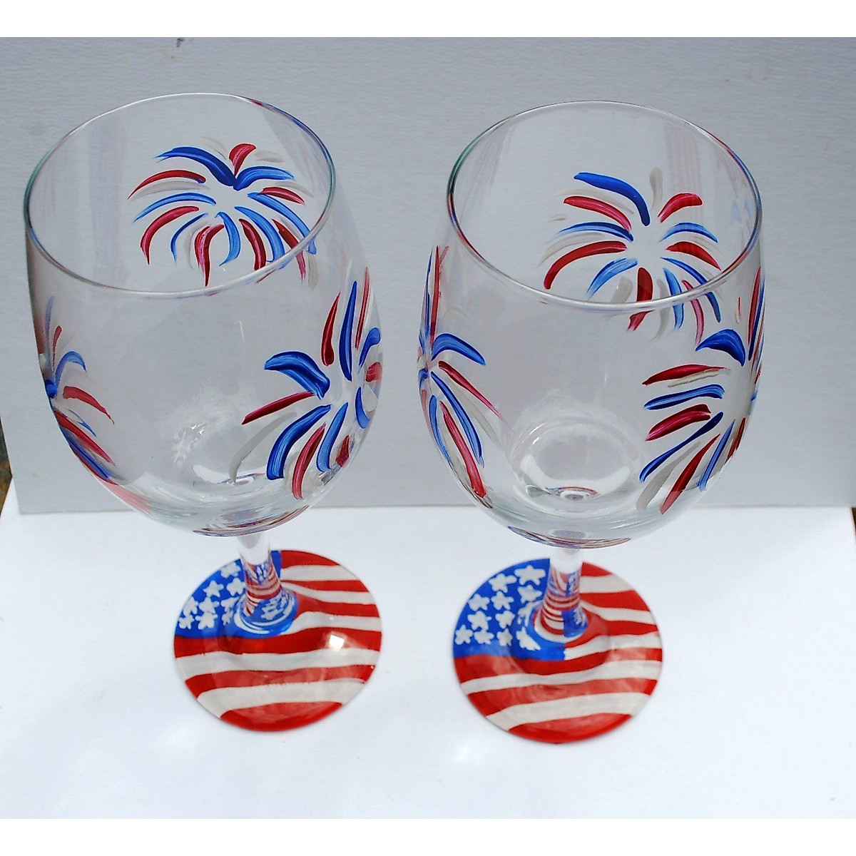 Fireworks USA American Flag Hand Painted Stemmed Wine Glasses Set of 2