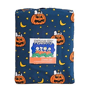 Berkshire Blanket & Home Co. Peanuts Halloween Fall Themed Sheet Sets (Blue - Moons & Pumpkins, Queen)