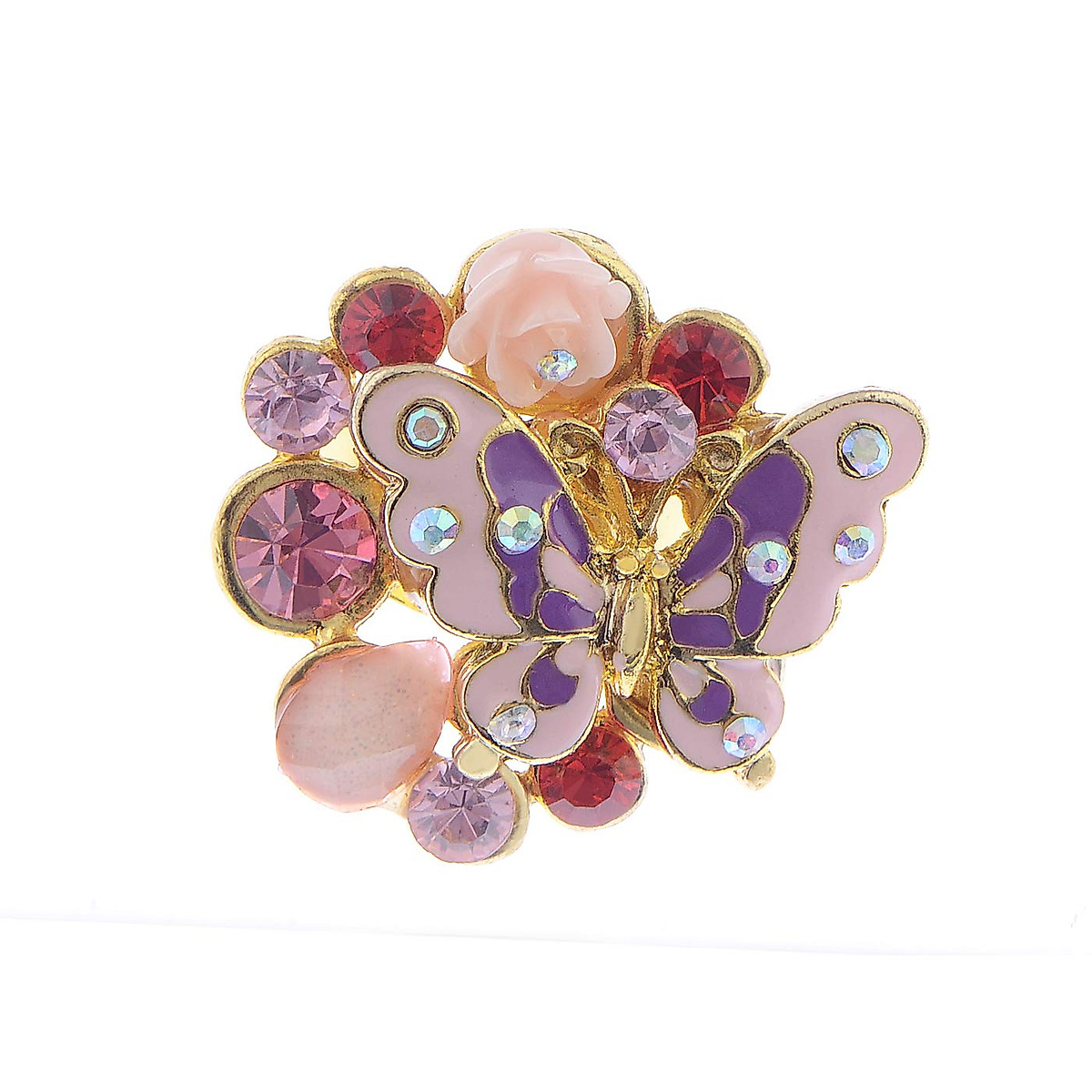 Alilang Golden Tone Shine Pink Crystal Rhinestones Enamel Butterfly Insect Flower Fashion Ring