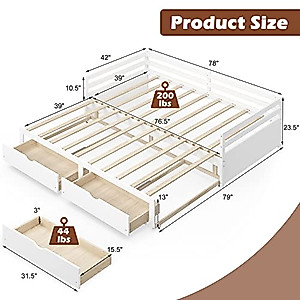 DORTALA Twin to King Daybed with Trundle and 2 Storage Drawers, Modern Extendable Daybed with Pull Out Bed Twin, Dual-use Sofa Bed for Bedroom, Guest Room, Living Room, No Box Spring Required, White