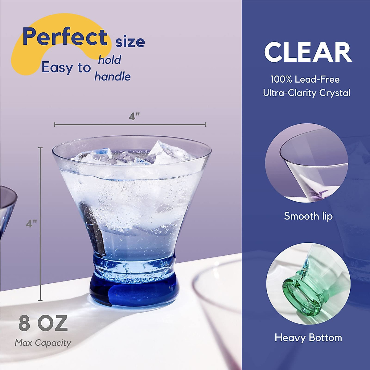 ColoVie Stemless Martini Glasses Set of 6 and Colored Stemless Wine Glasses Set of 6, Colorful Glassware, Drinking Glasses Set, Large Stemless, Red Wine, White Wine