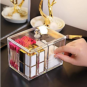 Watpot Qtip Cotton Pad Holder Dispenser Cotton Ball and Swab Storage with Lid Clear Acrylic Cotton Round Organizer, 4 Sections