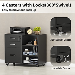 Furniwell Mobile Wood File Cabinet with Lock, 3 Drawer Office Lateral Filing Cabinet Printer Stand with 3 Open Adjustable Storage Shelves for Home Office (Black)