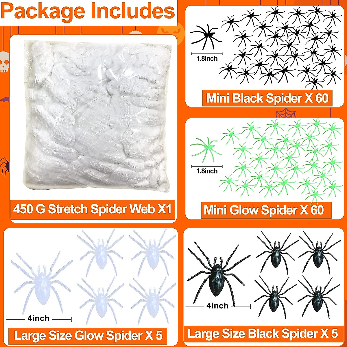 1500 sqft Halloween Spider Web Decorations Super Stretch Cobweb with 130 Plastic Fake Spiders Glow in The Dark Halloween Decorations Indoor Outdoor Party Supplies Haunted House Decor (450g)