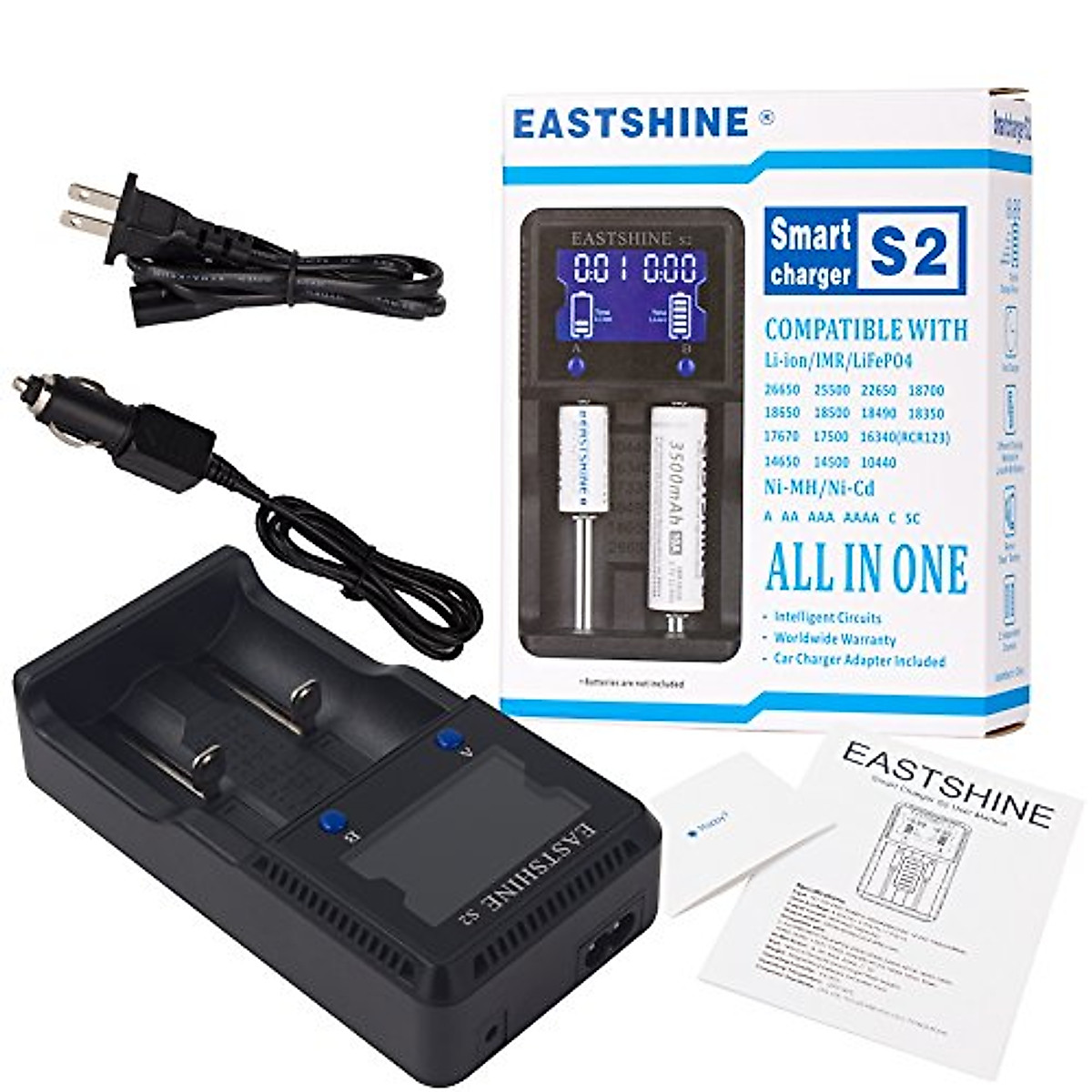 Universal Battery Charger EASTSHINE S2 LCD Display Speedy Smart Charger for Rechargeable Batteries Ni-MH Ni-Cd AA AAA Li-ion LiFePO4 IMR 10440 14500 16340 18650 RCR123 26650 18500 17670 & Car Adapter