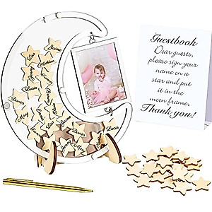 60 Pieces Moon Guest Book with Wood Star Cutouts Baby Shower Guest Book Alternative Guest Books with Photo Frame for Baby Shower Wedding Boys Girls Birthday Parties Keepsake (Clear, 8.3 x 9 Inch)