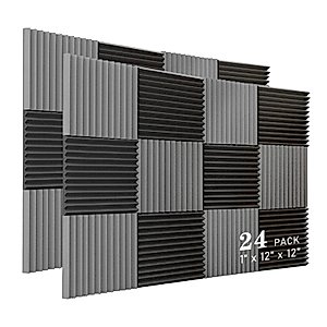 FOUCARSI 24 Pack Acoustic Foam Panels,Studio Soundproofing Foam, 1" X 12" X 12", Studio Foam Wedges,Sound Proof Padding (Black+Grey)