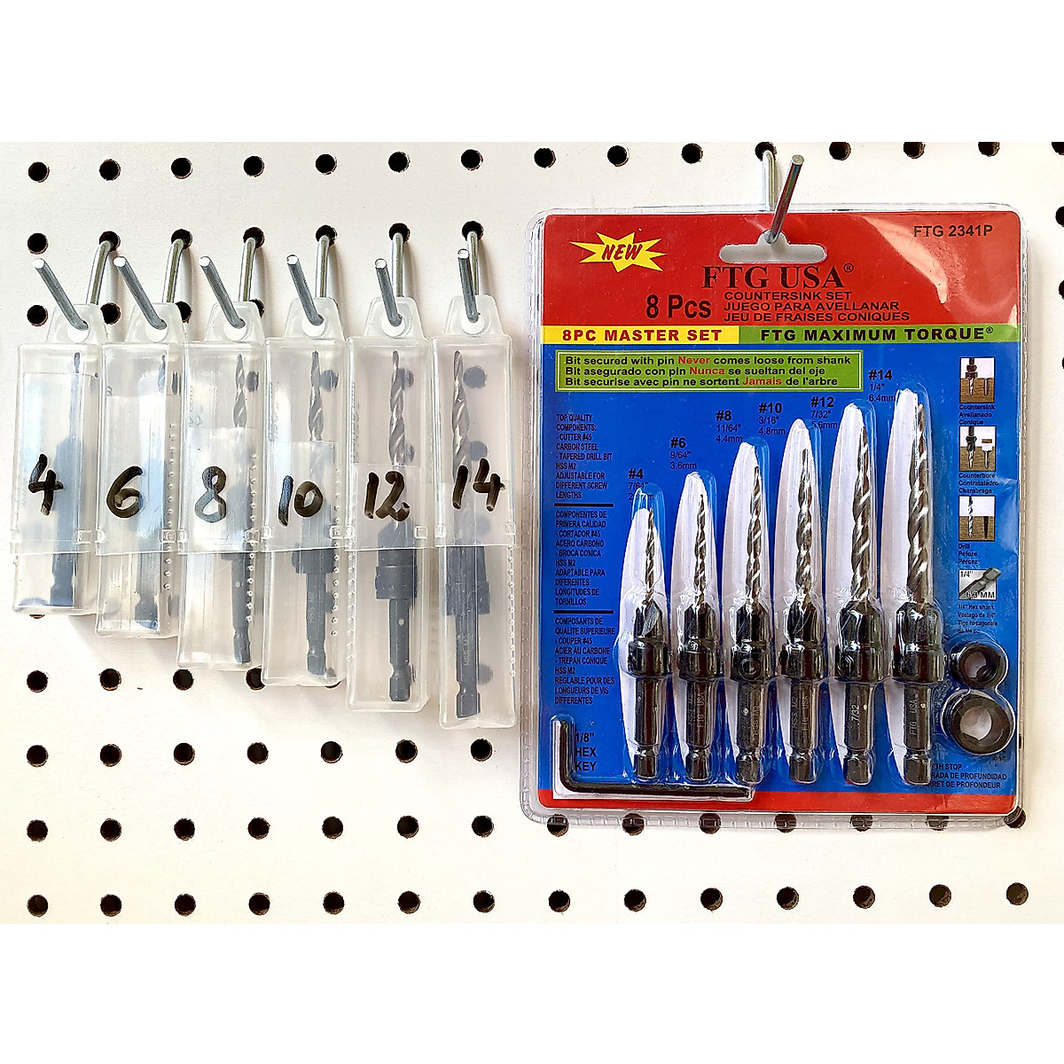 FTG USA Wood Countersink Drill Bit Set 6 Sizes Set with 6 Storage Containers for Countersink HSS M2 Tapered Drill Bits, Quick Change Hex Shank Countersink bit, 2 Stop Collar, 1 Allen Wrench