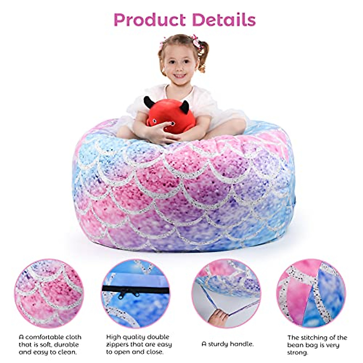 KABOER Bean Bag Cover for Kids,200L Stuffed Animal Storage Bean Bag Chair Cover |Stuffable Zipper Beanbag for Organizing Children Soft Plush Toys (32x29inch)