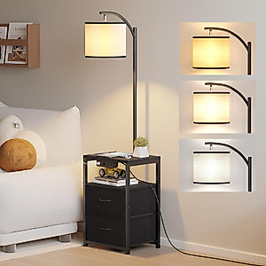 SUNMORY Floor Lamp with Table & 2 Drawers, Lamp with USB Port and Outlet, Lamps for Nightstand with 3 Color Temperature Led Bulb Included, Floor Lamps for Living Room, Bedroom and Home Office, Black