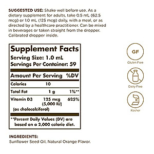 Solgar Liquid Vitamin D3 125 mcg (5,000 IU) - 2 fl oz, Pack of 2 - Natural Orange Flavor - Helps Maintain Healthy Bones & Teeth - Immune System Support - Gluten & Dairy Free - 118 Total Servings