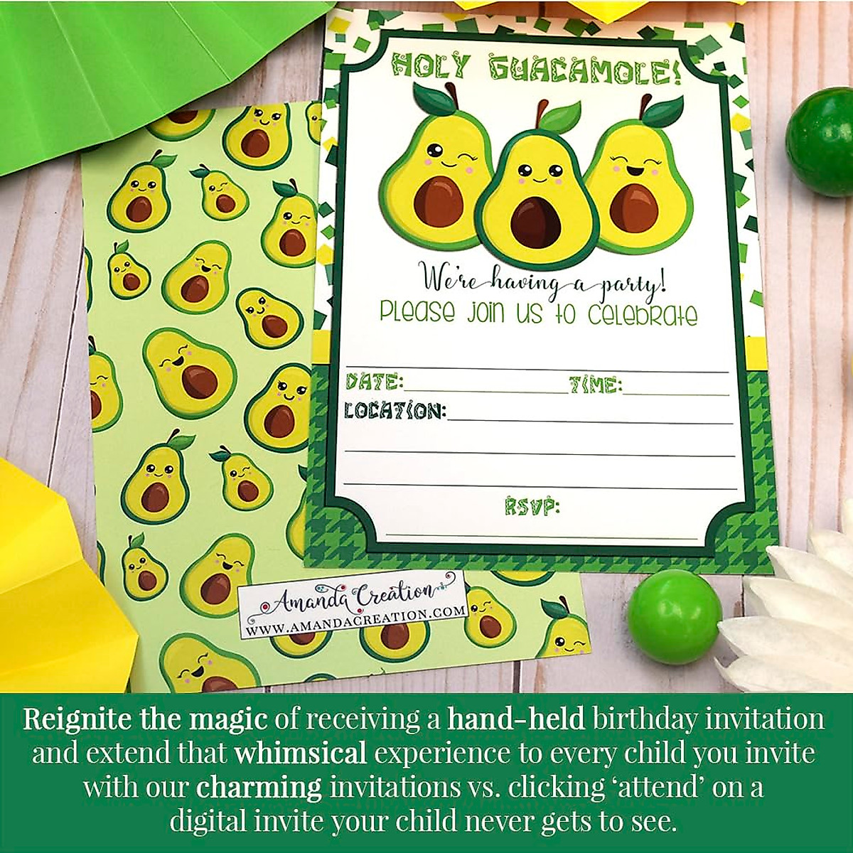 Trio of Avocados Holy Guacamole Fiesta Themed Birthday Party Invitations, 20 5x7 Fill In Cards with Twenty White Envelopes by AmandaCreation