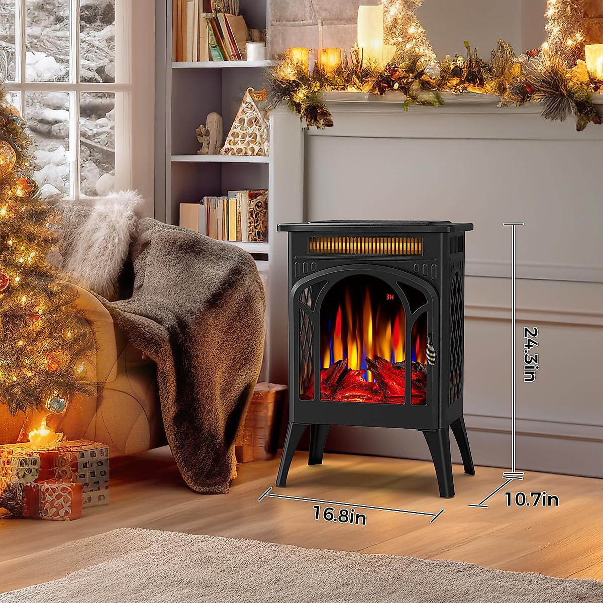 COWSAR Electric Fireplaces, 1500W Infrared Electric Stove Heater, Efficient Heating, 3D Realistic Flame, Remote Control, 8H Timer, Freestanding Stove for Living Room Bedroom Indoor Use, 5100 BTU