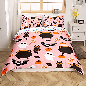 Feelyou Halloween Comforter Cover Set Black Bats Cats Duvet Cover Set Kids Boys Girls Halloween Candy Bedding Set Horror Pumpkin Lantern Quilt Cover with 2 Pillowcases 3Pcs Bedding Full,No Comforter