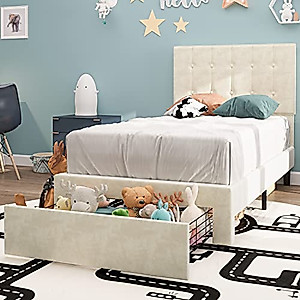 LIKIMIO Twin Bed Frame with XL Under-Bed Drawer, Velvet Upholstered Platform Bed Frame with Headboard, No Box Spring Needed/Noise-Free, Beige