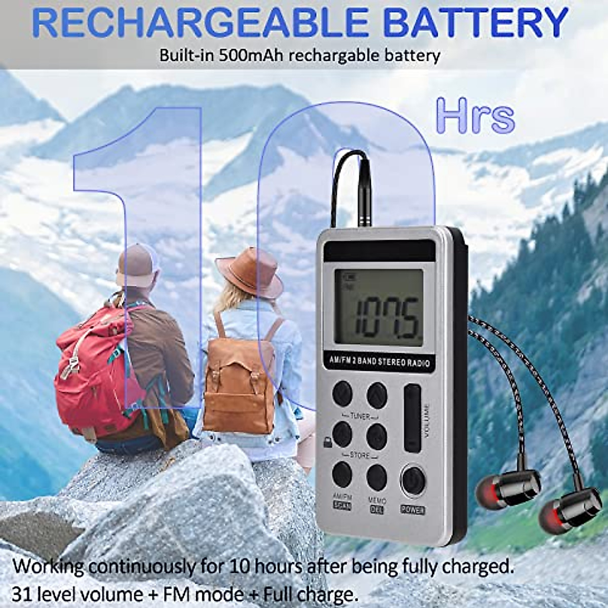 SWDSTP Portable AM FM Radio, Walkman Radio with Digital Tuning LCD Display, Rechargeable Pocket Radio with Earphone, Small Radio with Detachable Belt Clip for Walking, Jogging