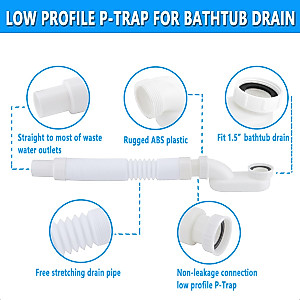 Cinsda Bathtub Shower Drain Pipe, Low Profile Flat 1 1/2 P Trap Kit Flexible Freestanding Tub Drain for Bath