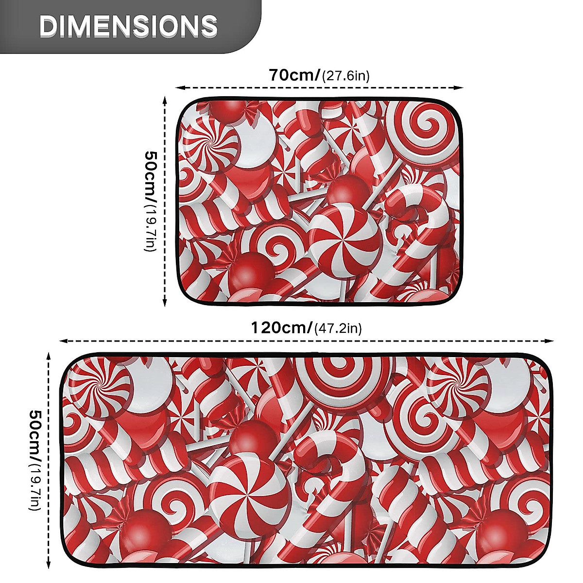 CUPADA Christmas Sweets Kitchen Rugs and Mats 2 Pcs, Candy Canes Non-Slip Floor Runner Mat for Living Room Bedroom Dorm Hallyway Home Decor 19.7"x27.6"+19.7"x47.2"