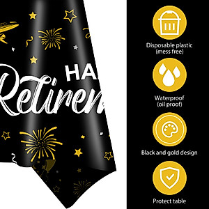 Retirement Decorations, 3pcs Black and Gold Happy Retirement Tablecloth, Plastic Disposable Rectangle Table Cover for Retirement Party Favor Decorations- 54" x 108"