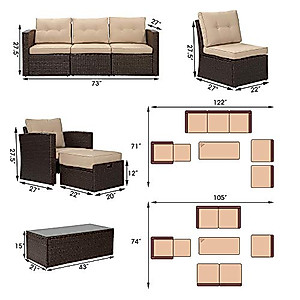 Outdoor Patio Furniture Sets 8-Piece Aluminum Patio Conversation Sets, All Weather Wicker Rattan Sectional Couch Sofa Set with Glass Coffee Table & Single Sofa with Ottoman (Brown/Beige)