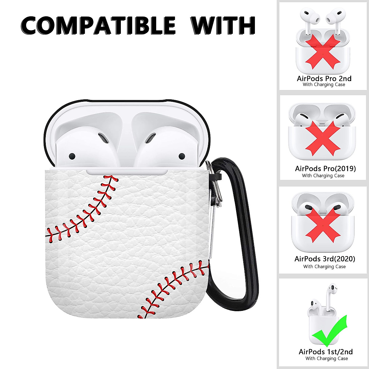 Baseball Print Airpods Case Compatiable with Airpods 1&2 - Airpods Cover with Key Chain, Full Protective Durable Shockproof Personalize Wireless Headphone Case